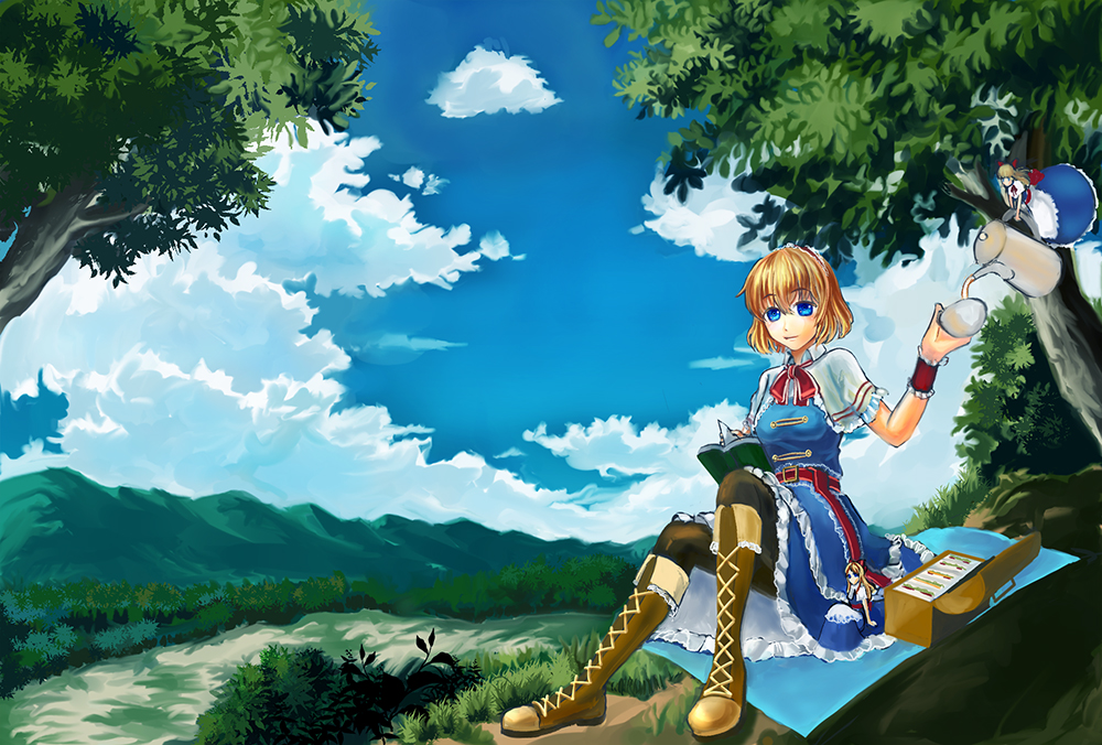Safebooru - 1girl alice margatroid ascot black legwear blonde hair blue eyes boots clouds cup ...