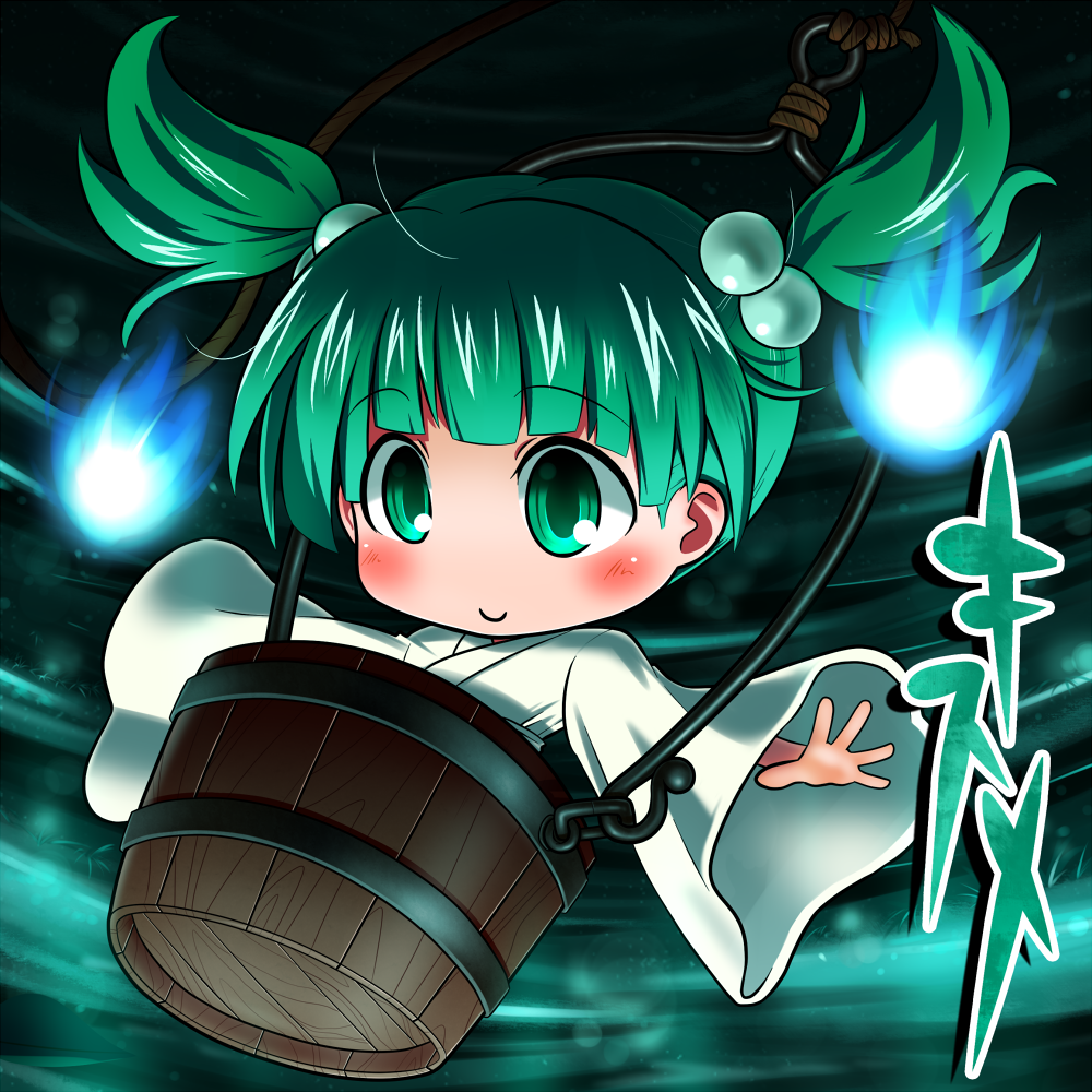 Safebooru - 1girl blush bucket chibi green hair hair bobbles hair ...