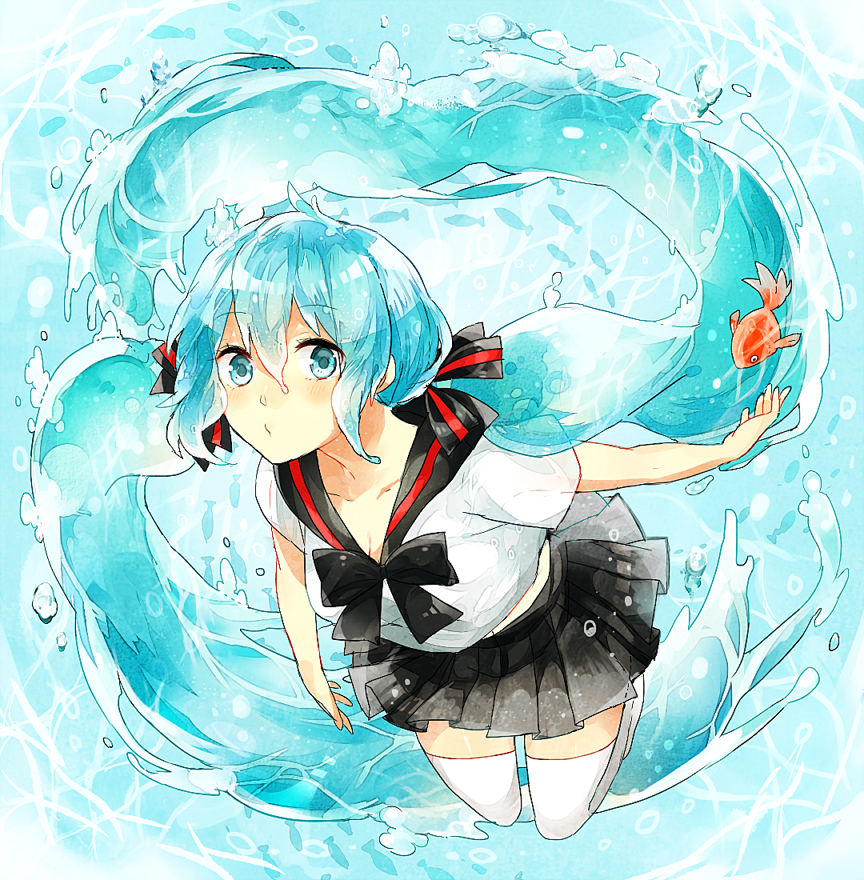 Safebooru - 1girl aqua eyes aqua hair bottle miku fish hair ribbon hatsune miku liquid hair long ...
