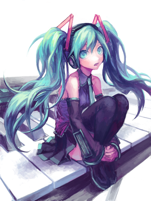Safebooru - 1girl boots detached sleeves green eyes green hair hatsune ...