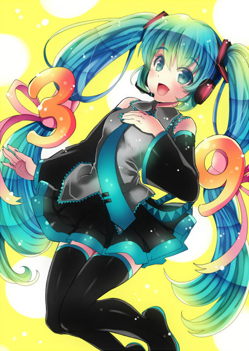 Safebooru - 1girl 39 aqua eyes aqua hair boots detached sleeves hand on own chest hatsune miku ...