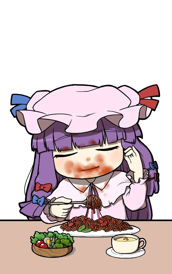 Safebooru - 1girl bangs blunt bangs bow bowl capelet chibi cup eating ...