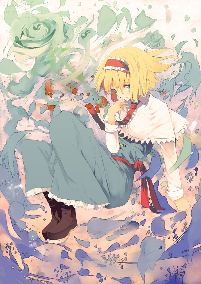 Safebooru - 1girl alice margatroid blonde hair blue eyes blush boots capelet dress flower ...