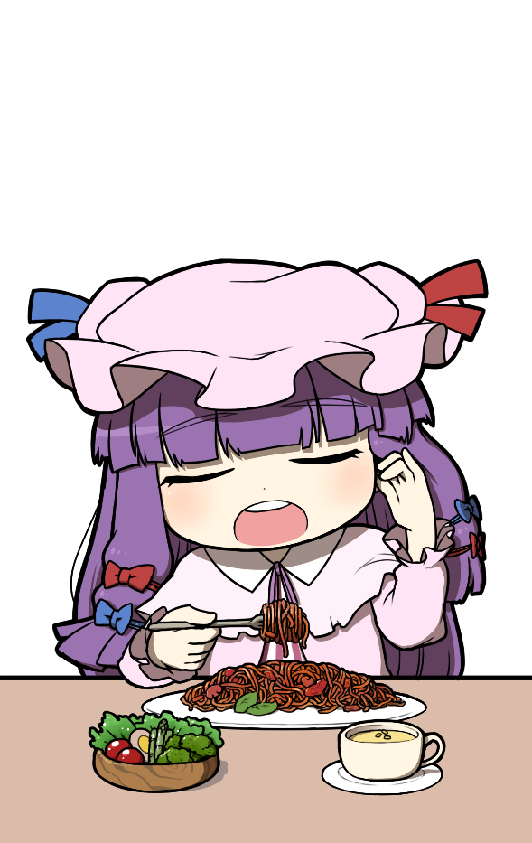 Safebooru - 1girl bangs blunt bangs bow bowl capelet chibi cup eating ...