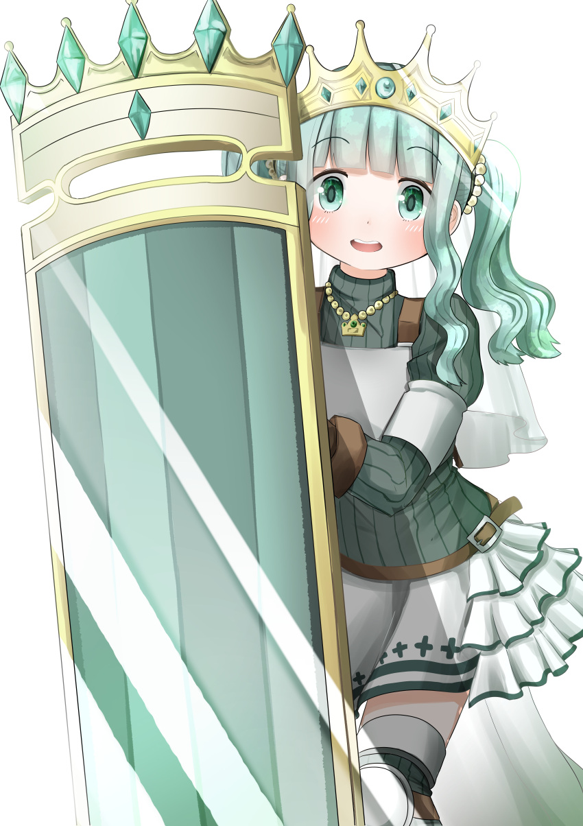 Safebooru - 1girl :d absurdres aqua eyes aqua hair armor armored boots beads belt blunt bangs ...