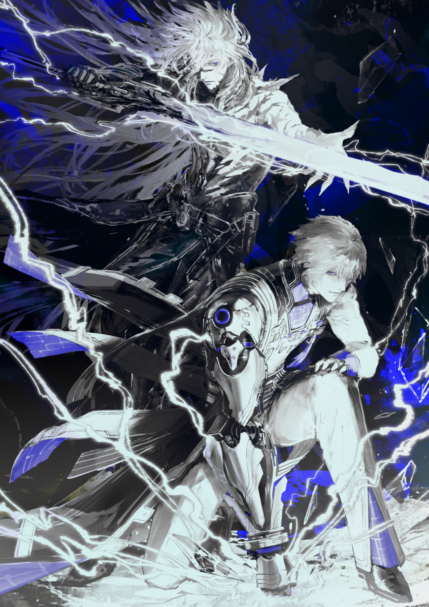 Safebooru - 2boys blue eyes blue shirt calcharo (wuthering waves) closed mouth clothes around ...