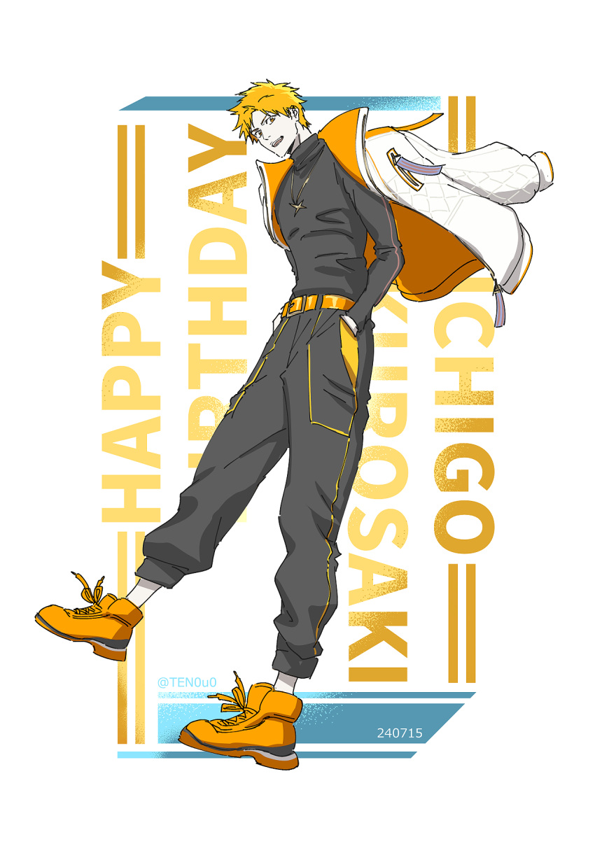 Safebooru - 1boy :d artist name belt black pants black shirt bleach brown eyes character name ...