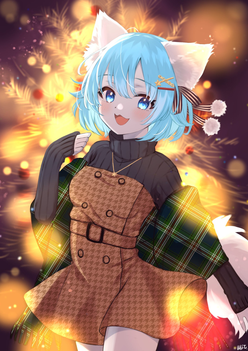 Safebooru - 1girl :3 :d animal ear fluff animal ears blue eyes blue hair christmas christmas ...