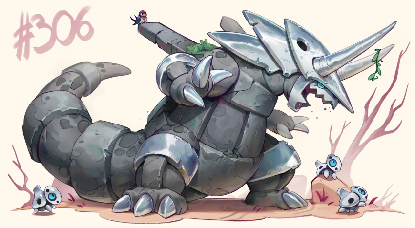 Safebooru - aggron armor aron bare tree claws falling leaves highres ...