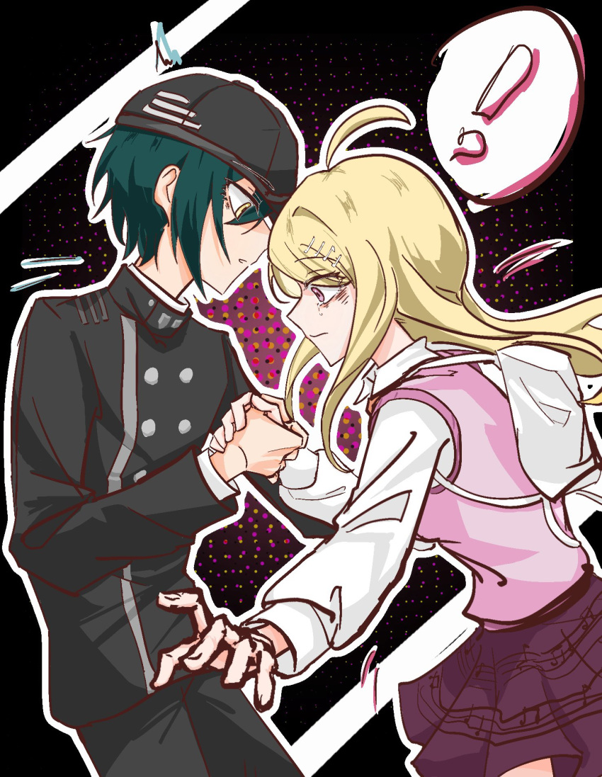 Safebooru - ! 1boy 1girl ahoge akamatsu kaede black background black hat black jacket black ...
