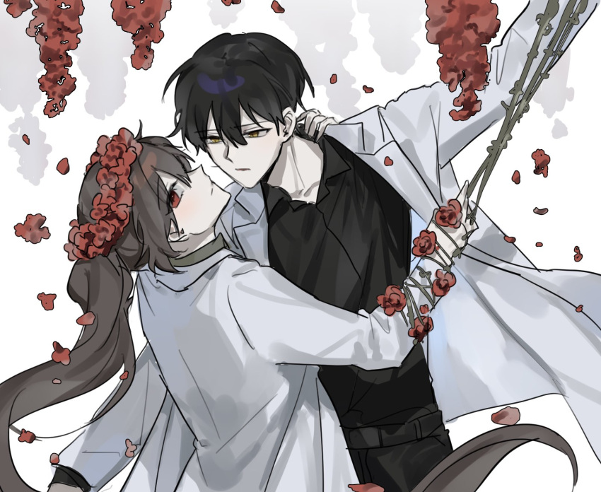 Safebooru - 1boy 1girl arm up ayin (project moon) black hair black pants black shirt brown hair ...