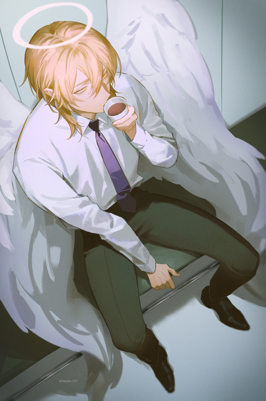 Safebooru - 1boy absurdres angel angel wings black footwear black pants blonde hair coffee ...