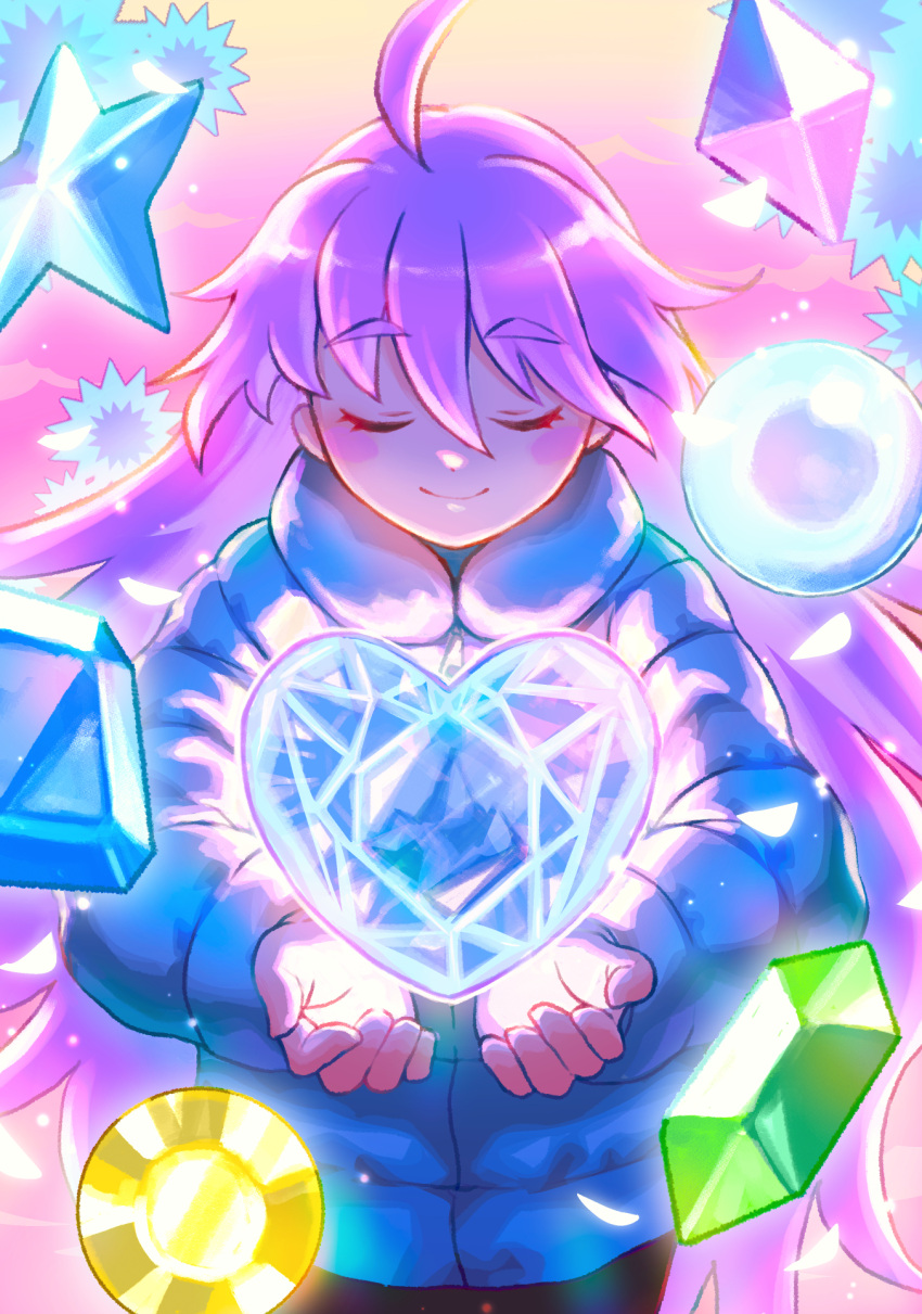 Safebooru - 1girl ahoge blue gemstone blue jacket blush blush stickers ...