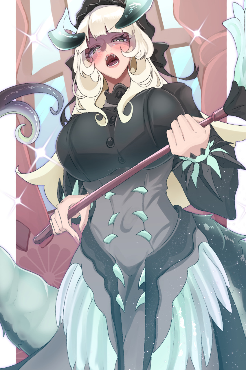 Safebooru - 1girl absurdres black dress black tail blonde hair blunt bangs blush breasts cowboy ...