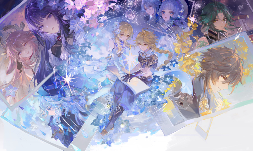 Safebooru - 4boys 5girls absurdres aerial fireworks aether (genshin impact) ahoge animal ears ...