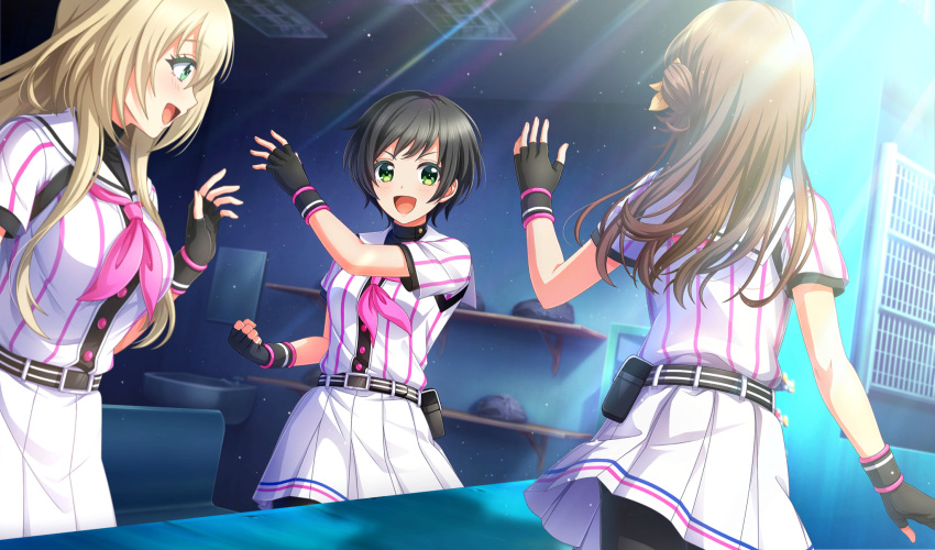 Safebooru - 3girls :d arihara tsubasa baseball mitt baseball uniform belt belt buckle belt pouch ...