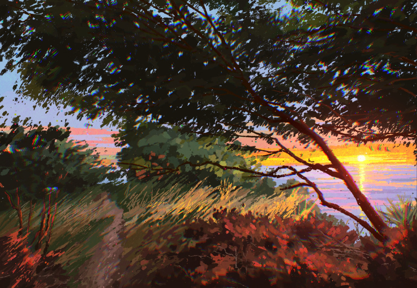 Safebooru Blue Sky Bush Clouds Fangpeii Grass Highres Nature No 7397