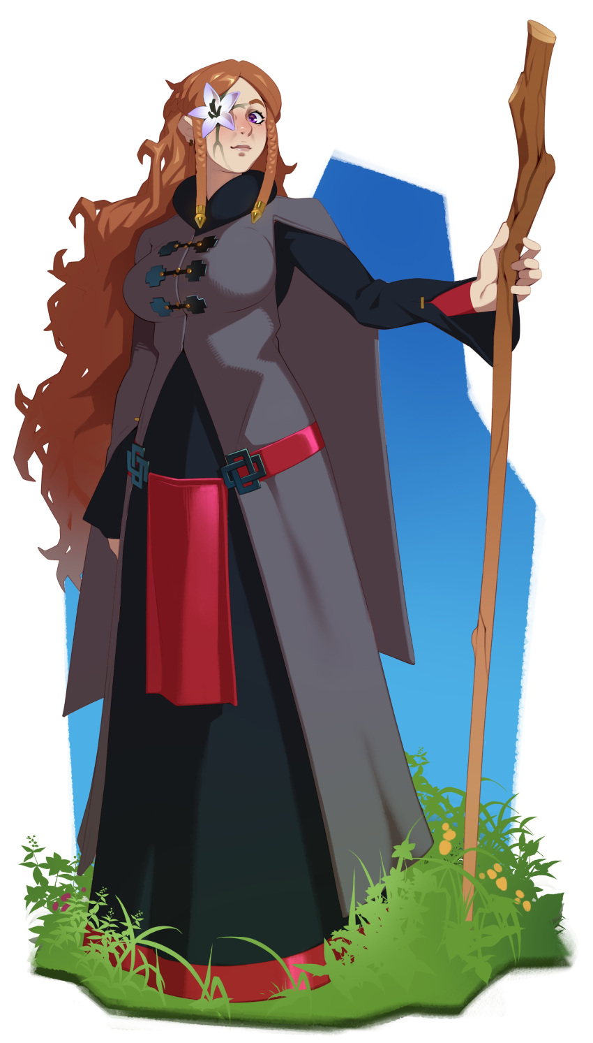 Safebooru - 1girl absurdres black dress breasts brown hair coat combos & doodles dress flower ...