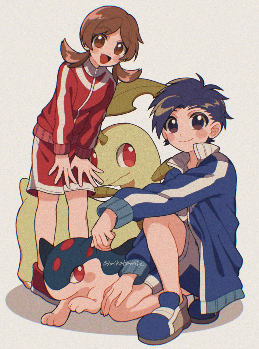 Safebooru - 1boy 1girl :d bayleef black eyes black hair blue footwear blue jacket blue shorts ...