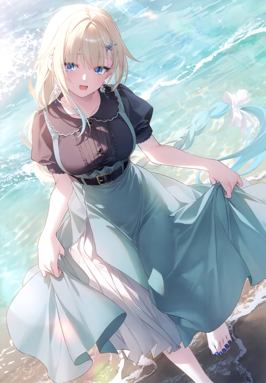 Safebooru - 1girl absurdres aizawa ema aqua dress aqua hair barefoot beach black nails black ...