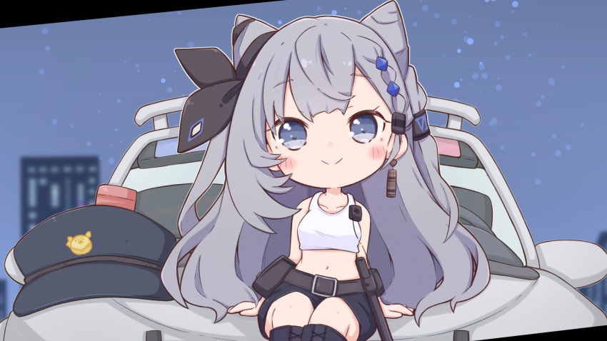 Safebooru - 1girl baton (weapon) belt black shorts boots car cone hair bun earrings grey hair ...