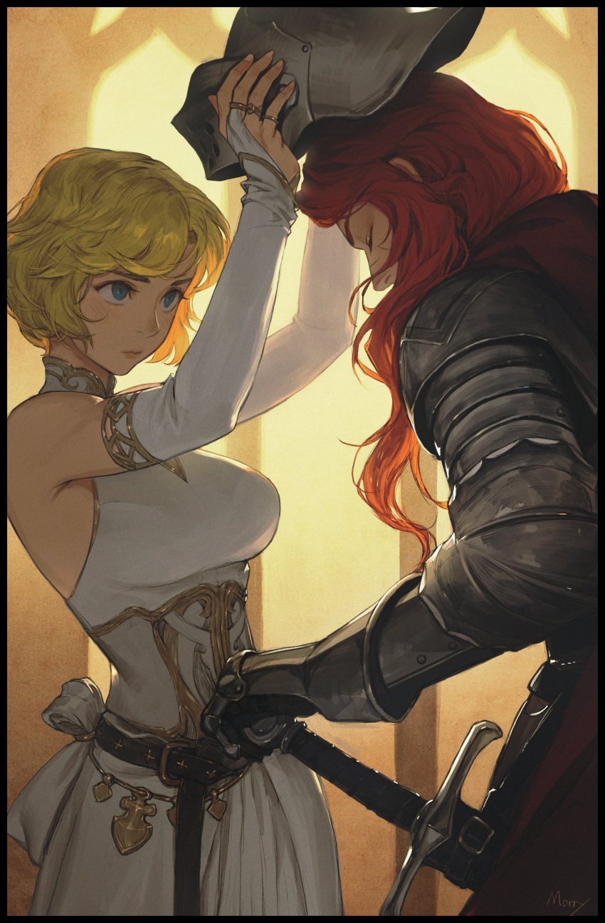 Safebooru - 2girls absurdres armor belt blonde hair blue eyes breasts bridal gauntlets closed ...