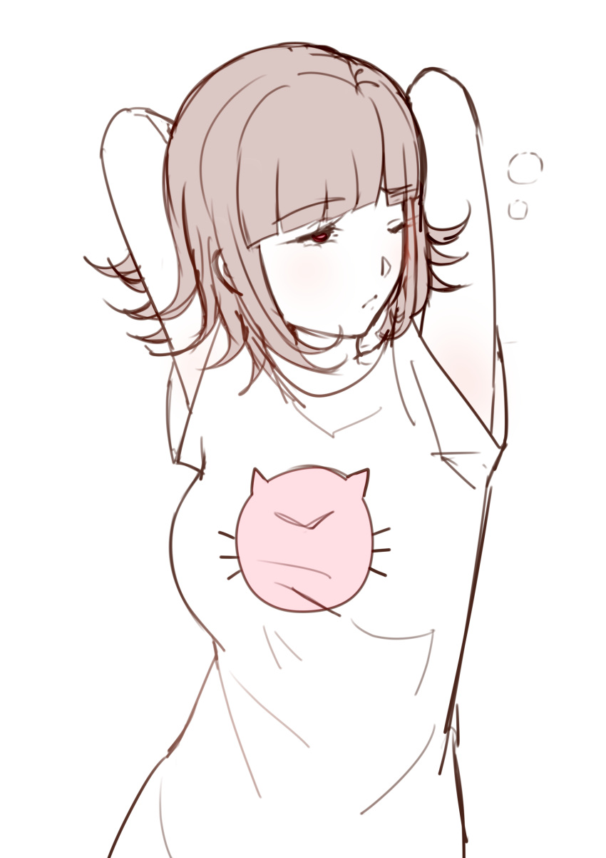 Safebooru - 1girl ;/ absurdres alternate costume animal print arms up brown hair cat print ...