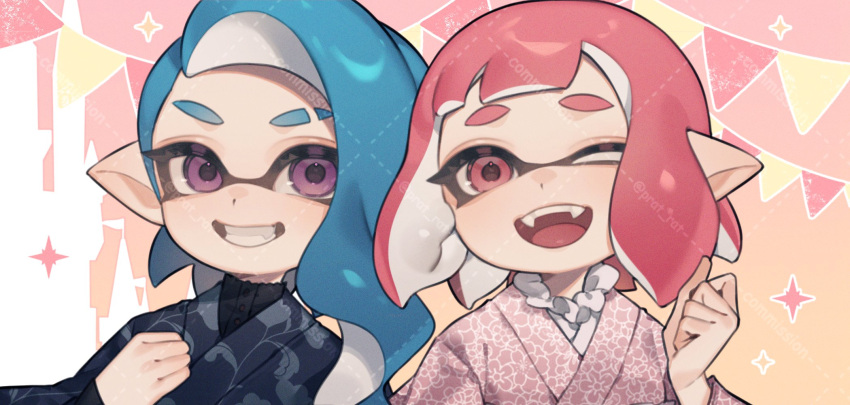 Safebooru - 2girls black shirt blue hair blue kimono commission eyebrow ...
