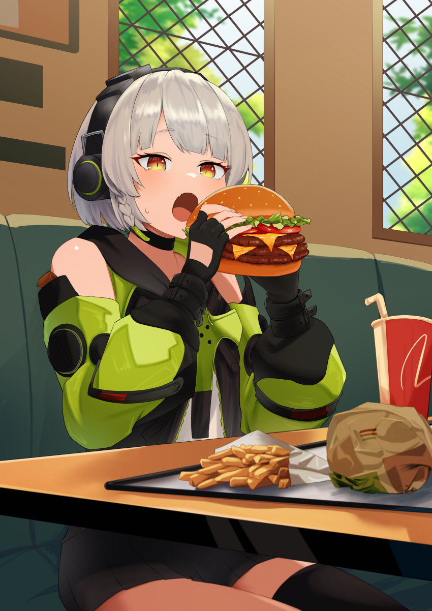 Safebooru - 1girl absurdres anby demara black gloves black skirt black thighhighs braid burger ...