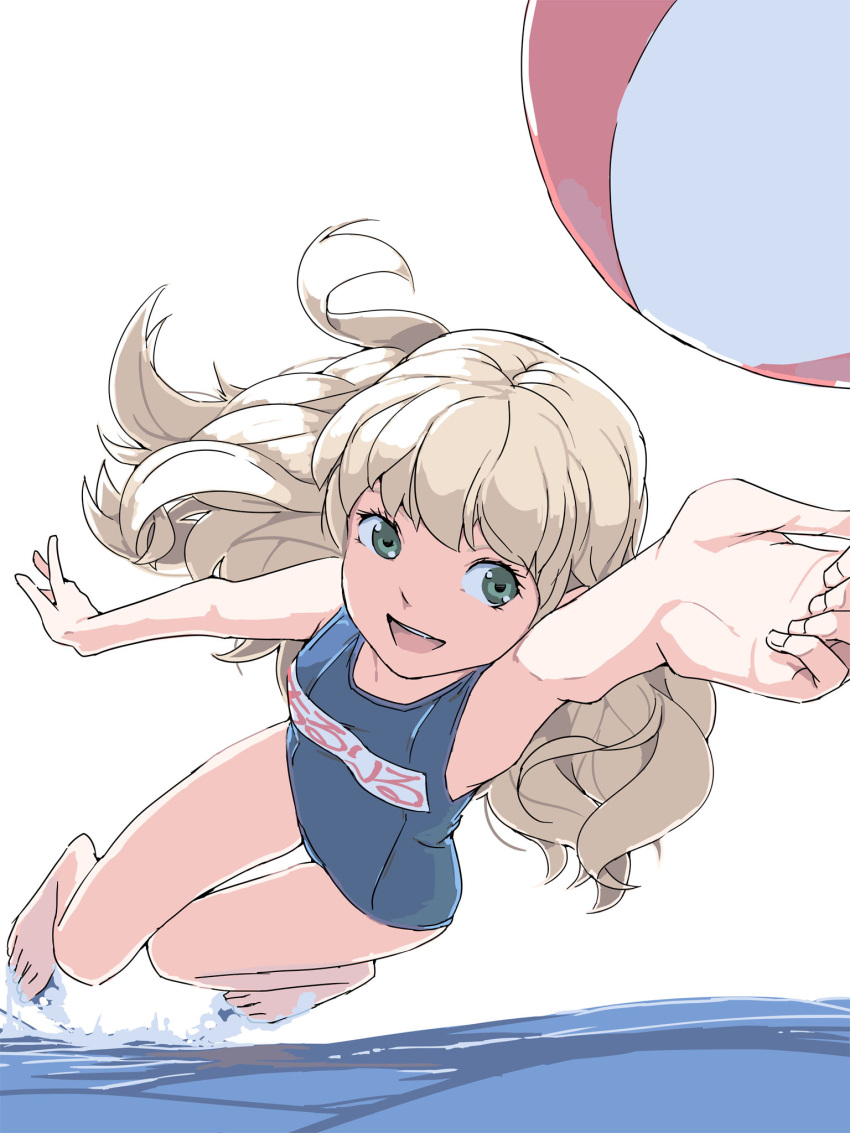 Safebooru - 1girl :d akinbo (hyouka fuyou) another eden ball barefoot beachball blue one-piece ...