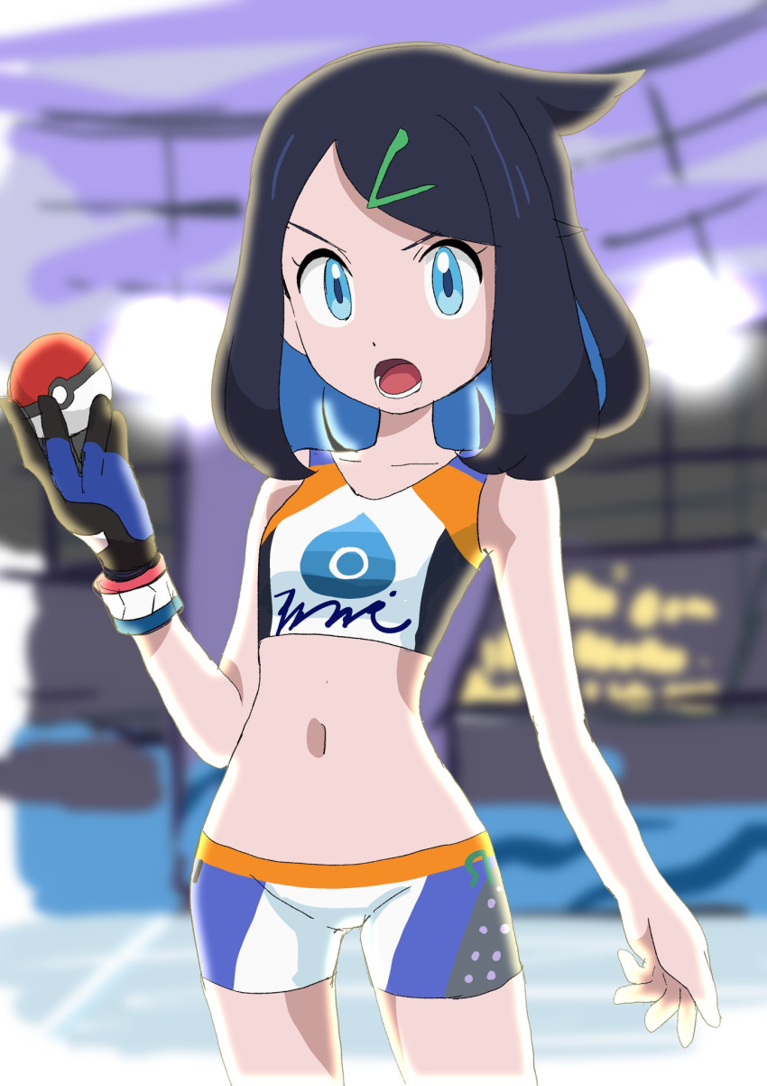 Safebooru - 1girl black hair blue eyes blue hair cosplay crop top dynamax band gloves hainchu ...