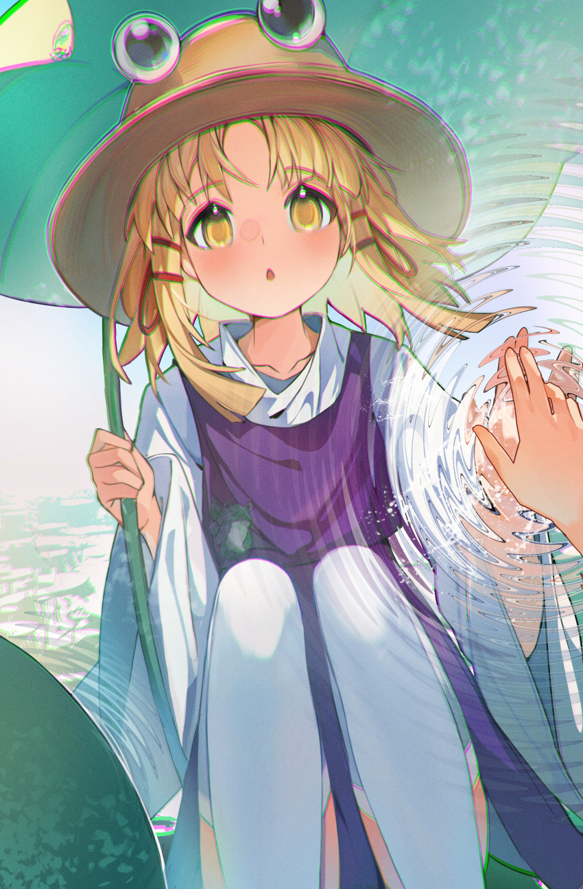 Safebooru - 1girl :o absurdres blonde hair dress hair ribbon hat highres light blush lily pad ...