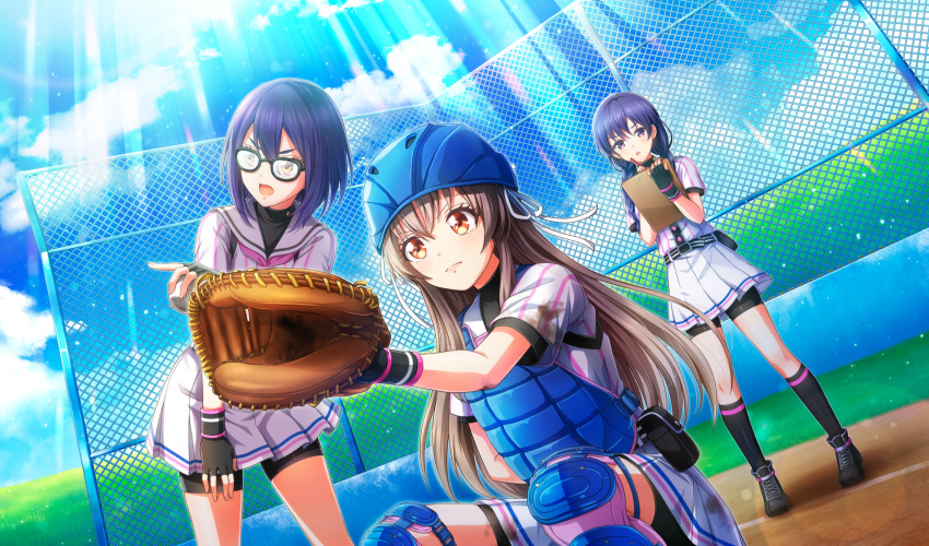 Safebooru - 3girls baseball field baseball helmet baseball mitt baseball uniform belt belt ...