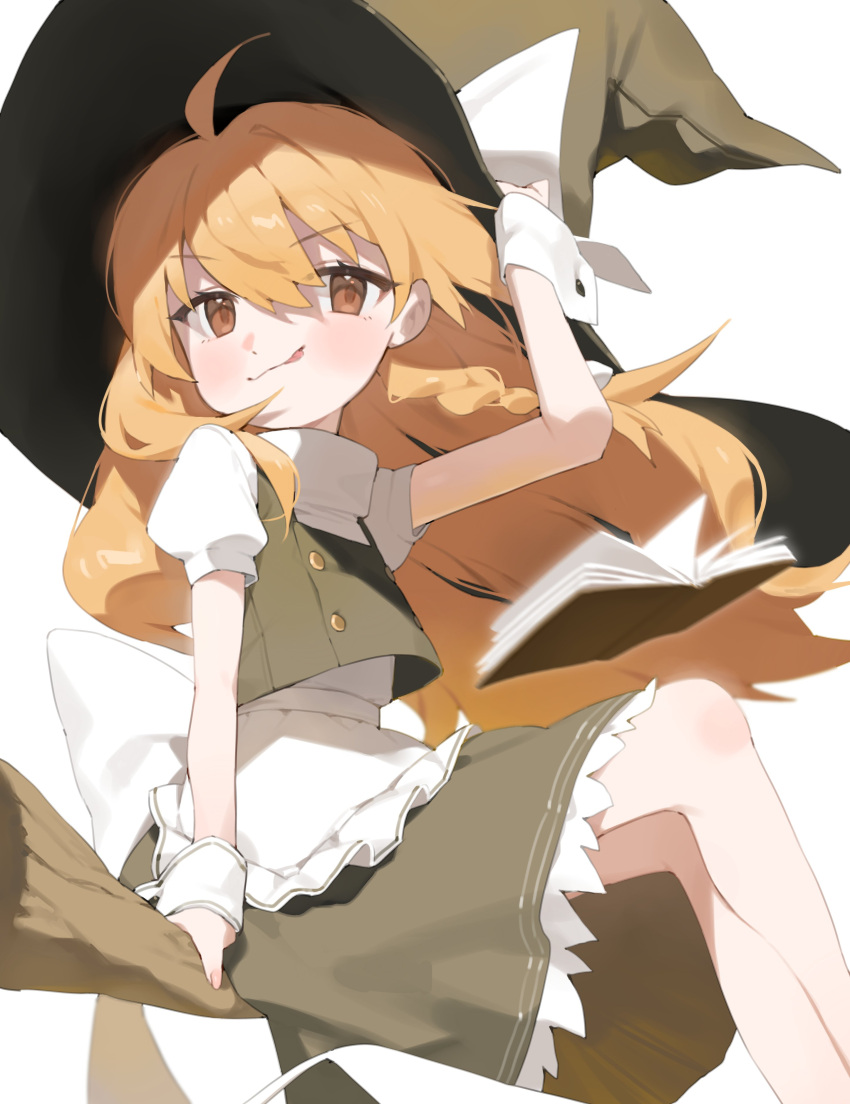 Safebooru - 1girl :p absurdres ahoge apron arm support arm up black hat black skirt black vest ...