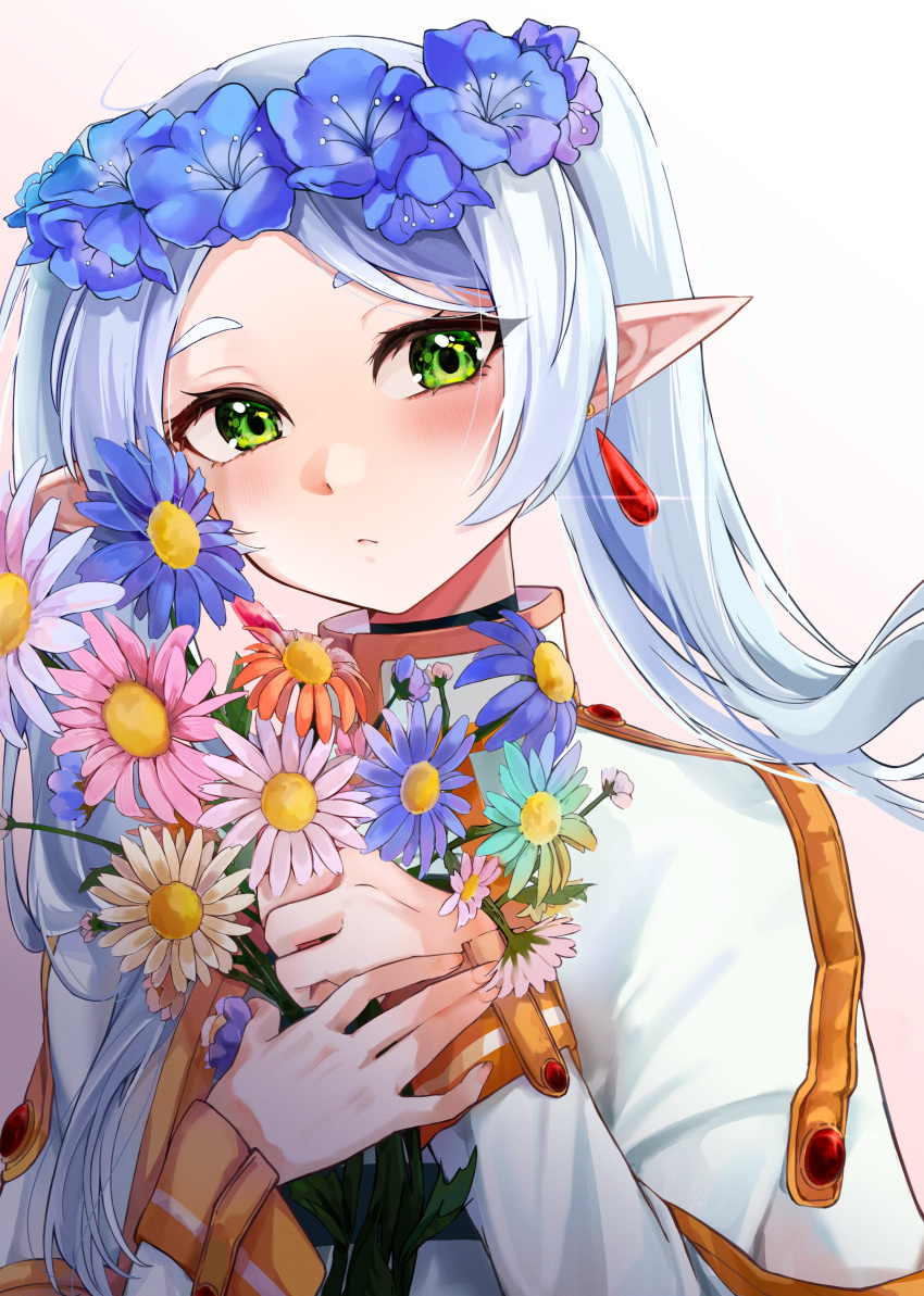 Safebooru - 1girl :/ absurdres capelet commentary request eyebrows hidden by hair flower frieren ...
