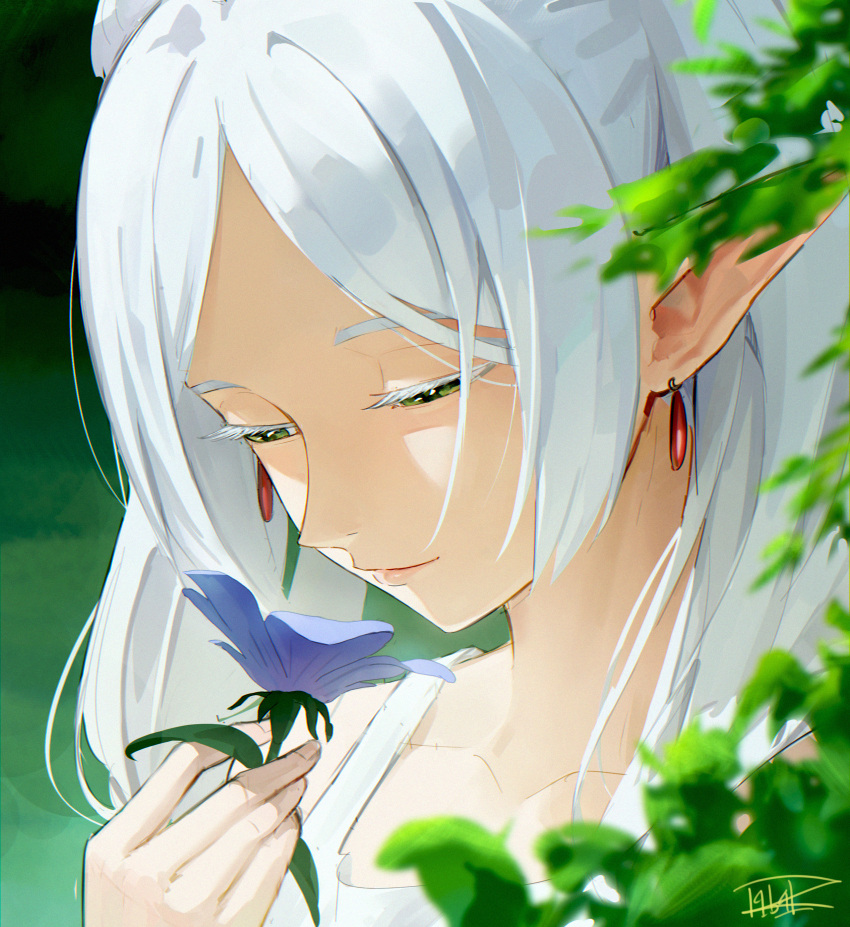 Safebooru - 1girl absurdres blue flower day earrings elf flower frieren green eyes highres ...