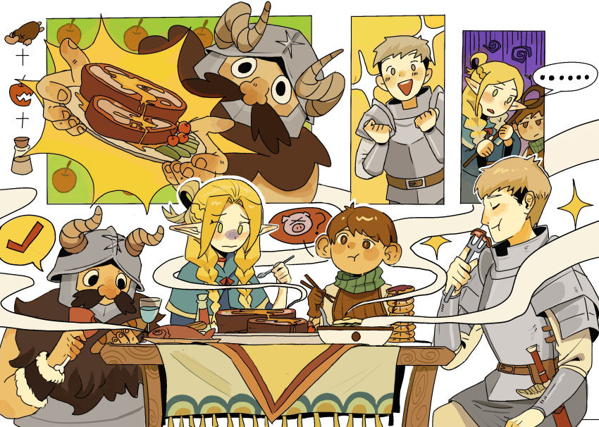 Safebooru - ... 1girl 3boys ambrosia (dungeon meshi) armor beard black eyes blonde hair blue ...