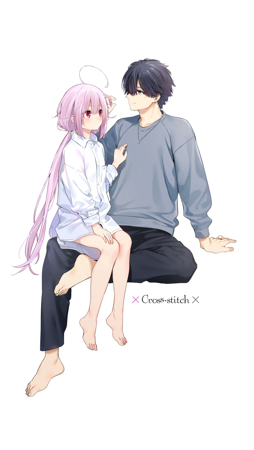 Safebooru - 1boy 1girl absurdres ahoge barefoot black hair black pants ...