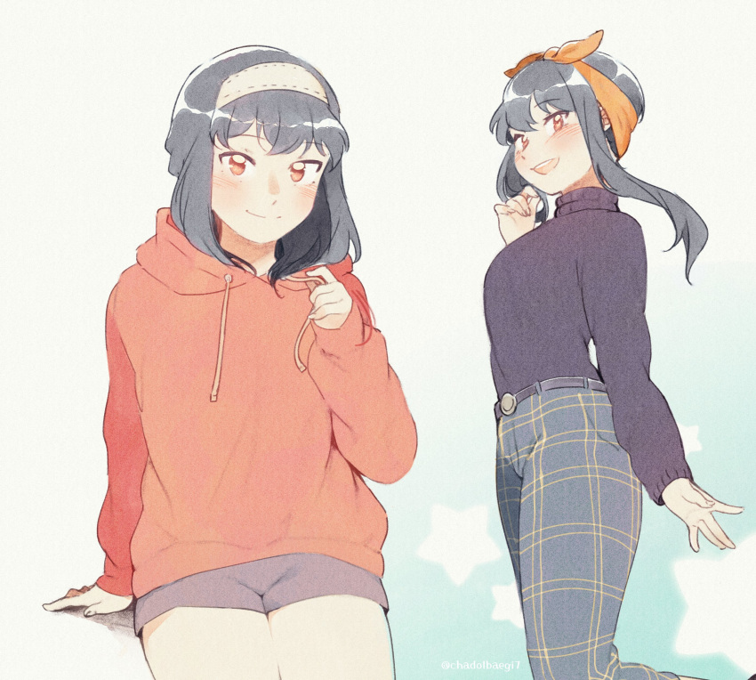 Safebooru - 1girl absurdres arm support black hair chadolbaegi commission cowboy shot drawstring ...