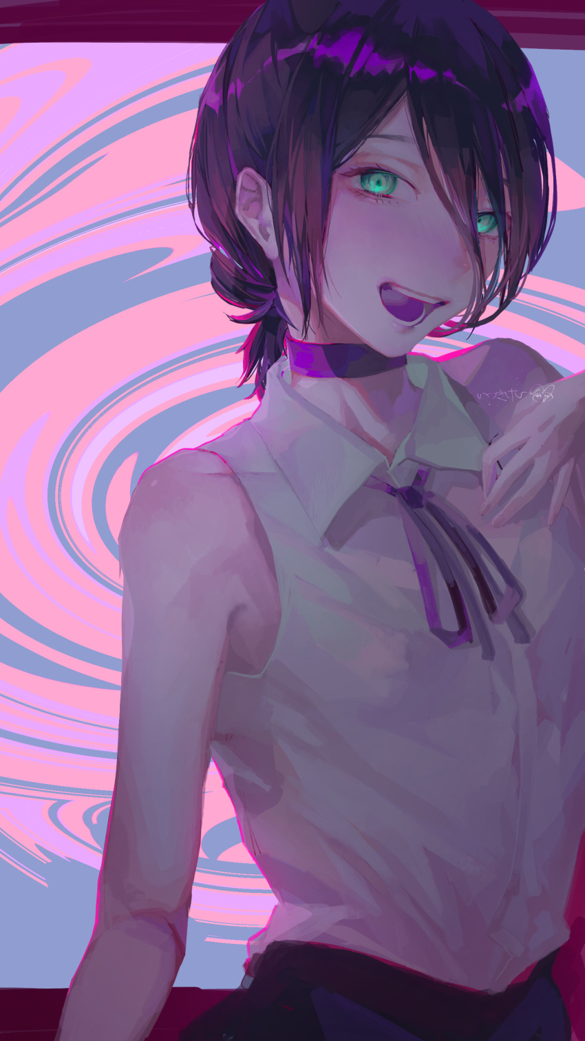 Safebooru - 1girl abstract background absurdres bare shoulders chainsaw man choker collared ...