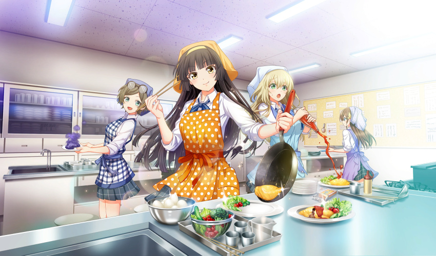 Safebooru - 4girls :d apron arihara tsubasa black-framed eyewear black hair blonde hair blue ...