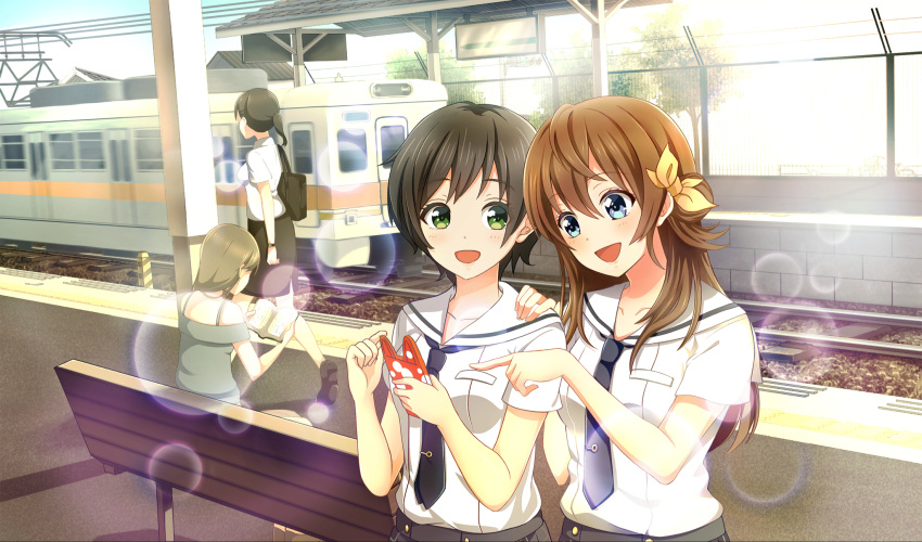 Safebooru - 4girls :d arihara tsubasa bench black hair blue eyes blue necktie bow brown hair ...