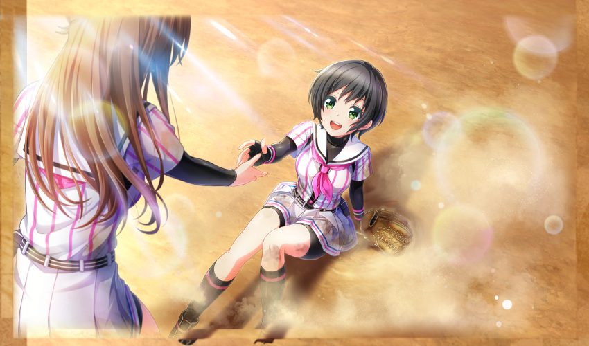 Safebooru - 2girls :d arihara tsubasa baseball field baseball mitt baseball uniform belt belt ...