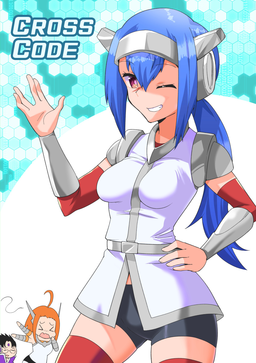 Safebooru - 1boy 2girls absurdres ahoge armor bike shorts black hair blonde hair blue hair ...