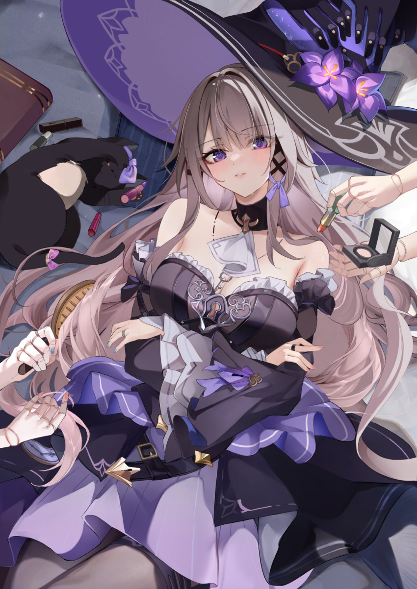 Safebooru - 1girl bare shoulders black cat black dress black hat breasts brown hair cat choker ...