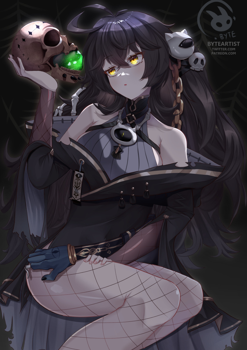 Safebooru - 1girl :o absurdres ahoge bare shoulders black hair breasts byte-artist cape chain ...