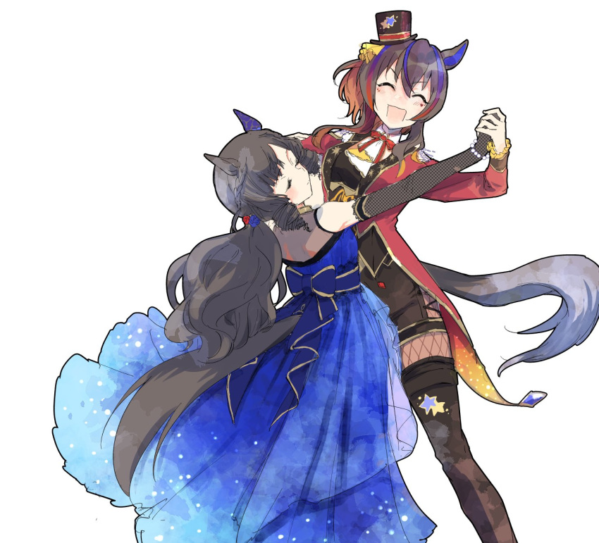 Safebooru - 2girls ^ ^ animal ears black hat blue dress blue hair boots brown hair closed eyes ...