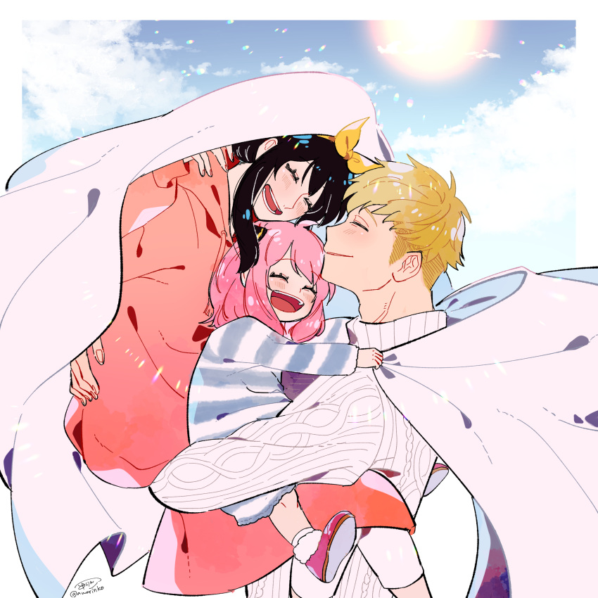 Safebooru - 1boy 2girls absurdres ahoge anya (spy x family) arm around waist awarinko bed sheet ...