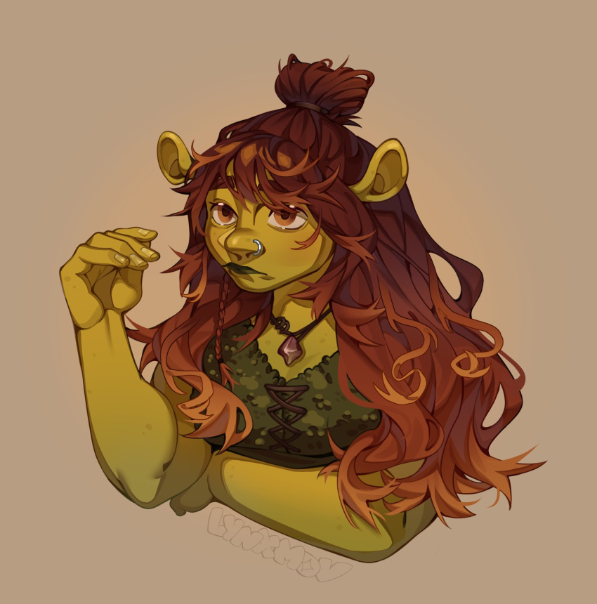 Safebooru - 1girl brown background brown eyes brown hair colored skin felicia (shrek) green skin ...