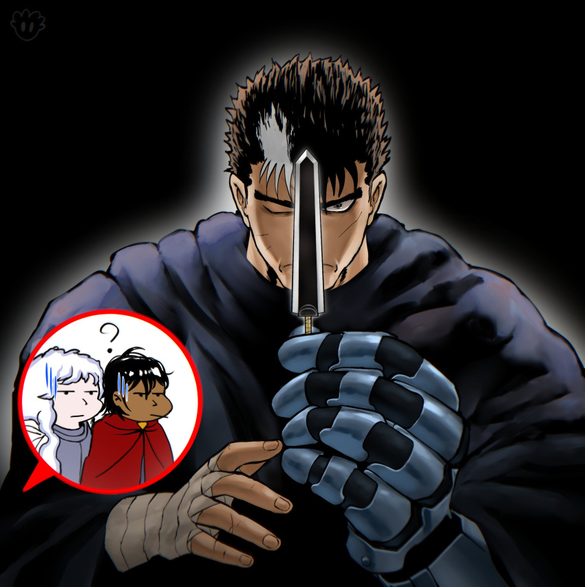 Safebooru - 1girl 2boys ? absurdres armor bandaged hand bandages berserk black cloak black hair ...
